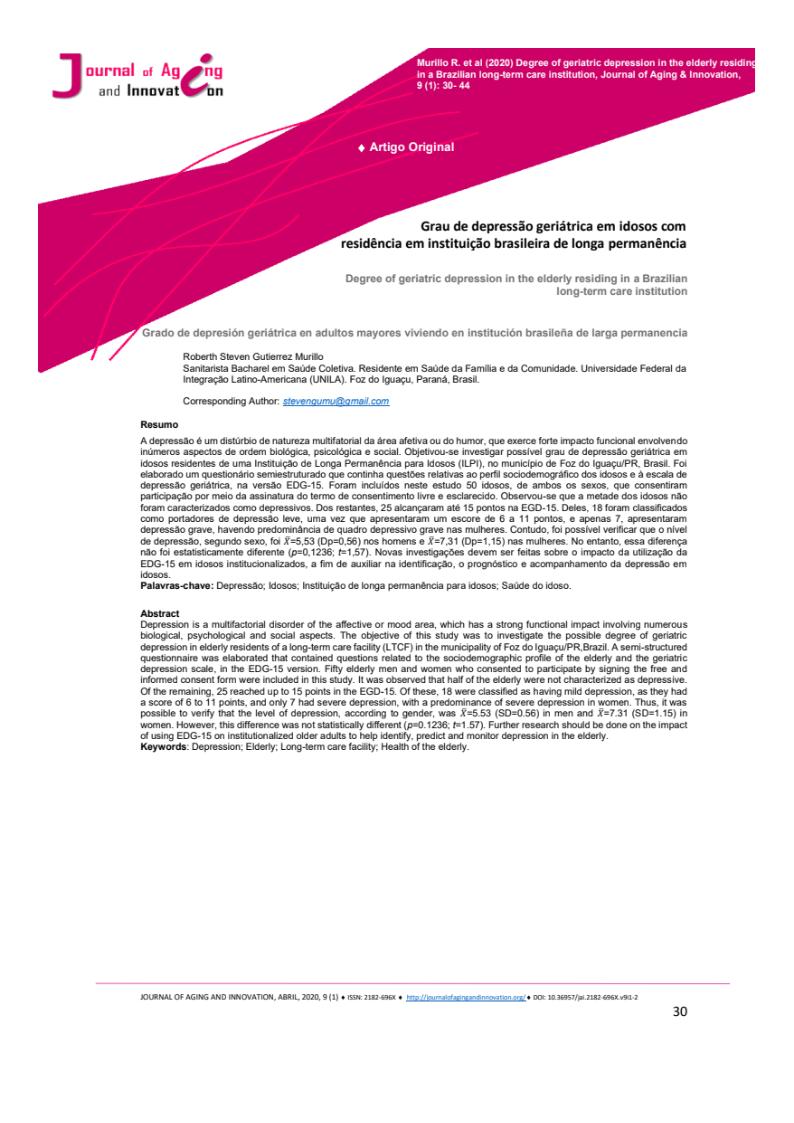 Degree of geriatric depression in the elderly residing in a Brazilian ...