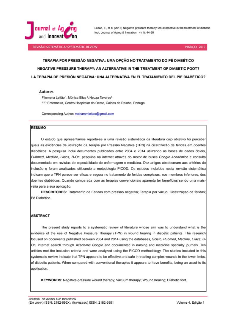 NEGATIVE PRESSURE THERAPY: AN ALTERNATIVE IN THE TREATMENT OF DIABETIC ...