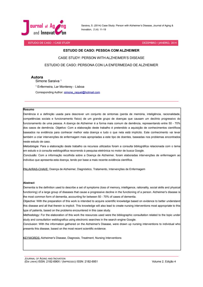 CASE STUDY: PERSON WITH ALZHEIMER’S DISEASE | Journal of aging and ...